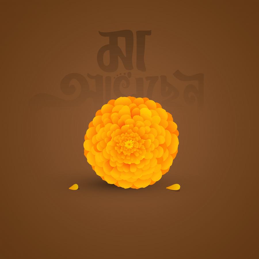 Posterit - Durga Puja Marigold Flower Asche Bengali Typography